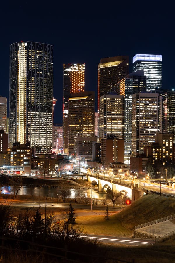 Calgary Downtown at Night stock image. Image of architecture - 250637695