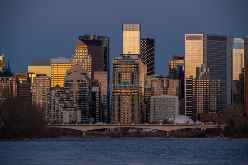 Calgary skyline at night stock photo. Image of reflection - 214860084