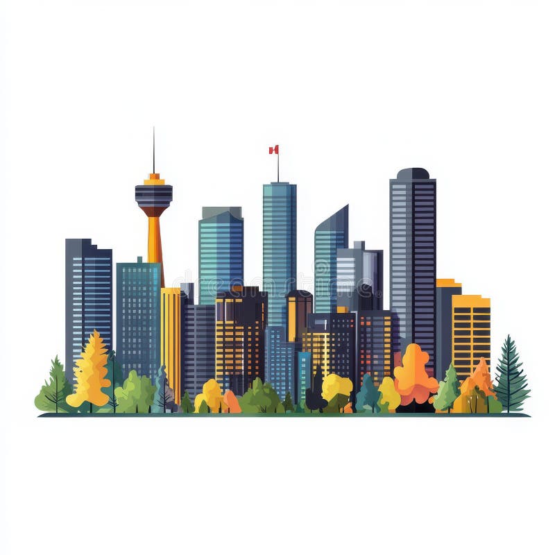 Calgary Skyline Autumn Trees Cityscape Illustration Stock Illustration ...