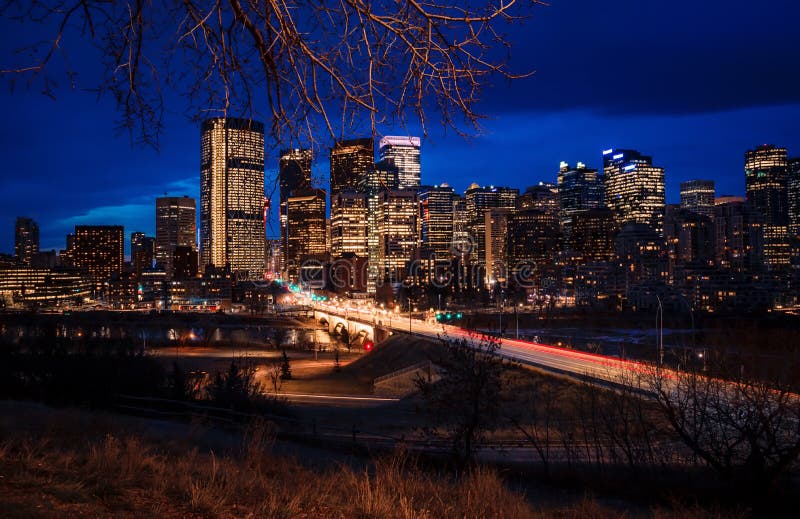 Calgary Skyline Illuminated at Night Editorial Stock Photo - Image of ...