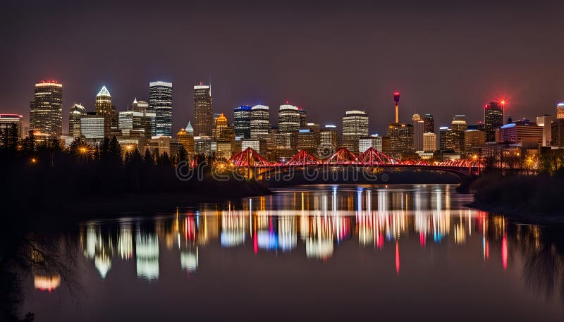 Calgary Skyline at Night with Bow River and Centre Street Bridge Stock ...