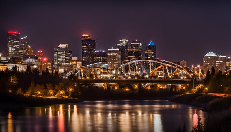 Calgary Skyline at Night with Bow River and Centre Street Bridge Stock ...