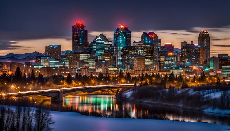 Calgary Skyline at Night with Bow River and Centre Street Bridge Stock ...