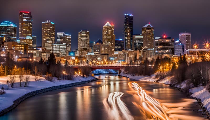 Calgary Skyline at Night with Bow River and Centre Street Bridge Stock ...