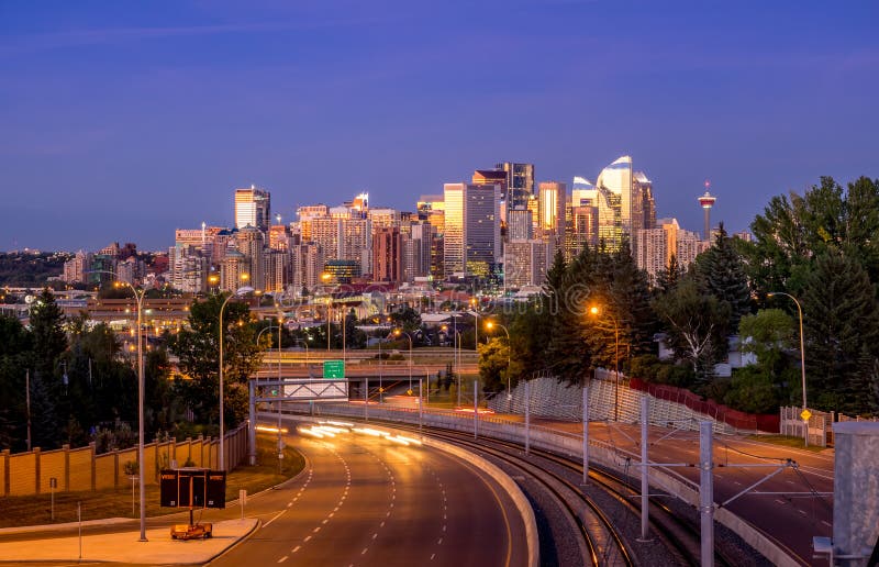 Calgary skyline at night stock image. Image of street - 44343335