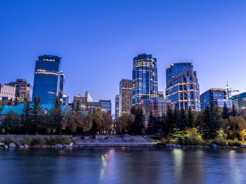 Calgary skyline at night editorial stock image. Image of river - 60031319
