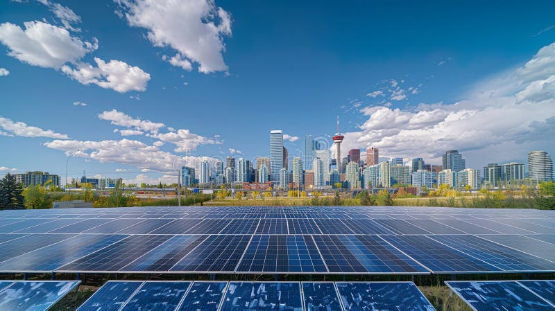 Calgary Skyline with Solar Panels in Foreground. the Image Symbolizes ...
