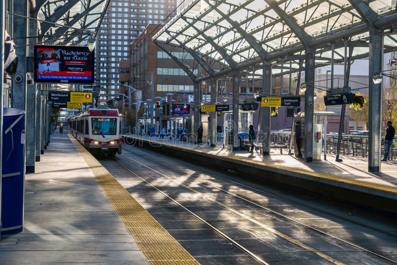 Calgary Transit Tram Entering Station in Downtown Calgary Editorial ...
