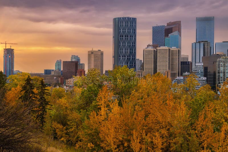 Calgary Under a Fall Sunrise Sky Stock Photo - Image of treeline ...