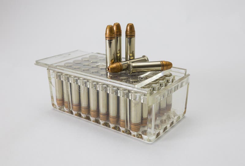 .22 Caliber Bullets in Plastic Box on White Stock Image - Image of ...