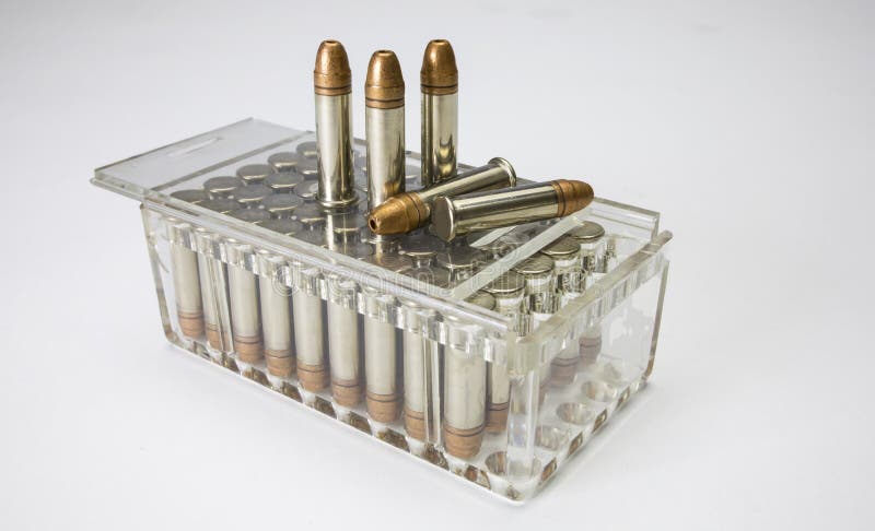 .22 Caliber Bullets in Plastic Box on White Background Stock Image ...