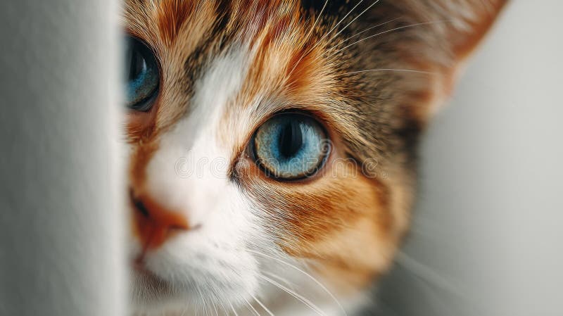 Calico Cat with Bright Blue Eyes Peeking from Behind Fabric Stock ...