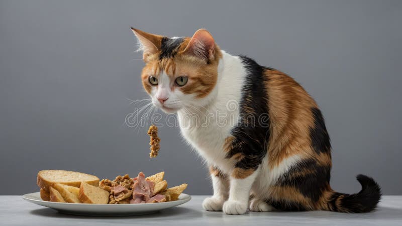 A Calico Cat Curiously Examines a Plate of Food with Bread and Meat ...