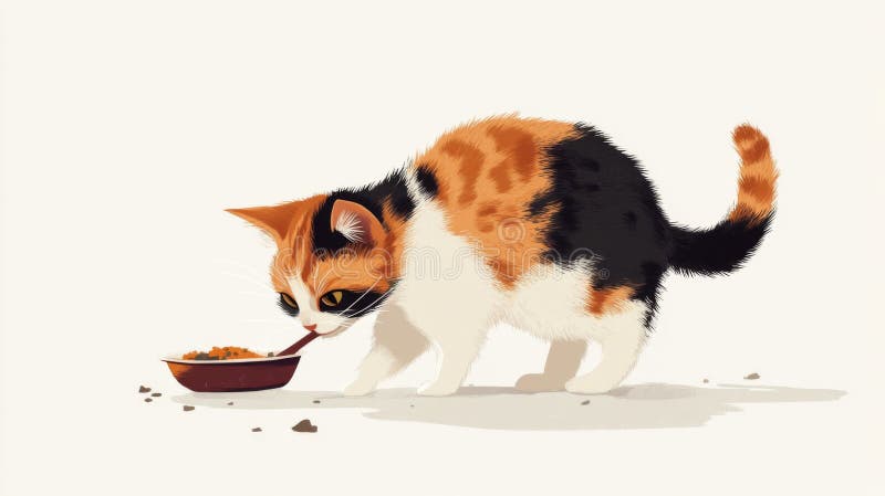 Calico Cat Eating from Bowl on White Background Stock Illustration ...