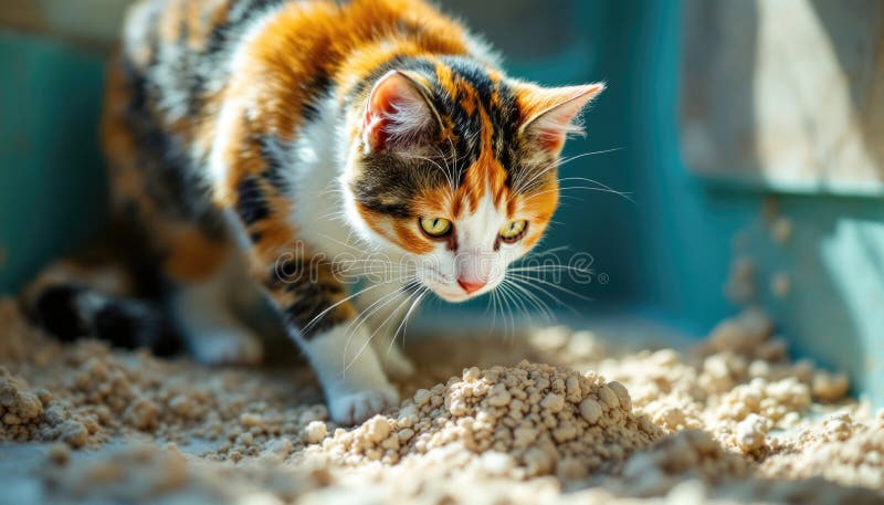 Calico Cat Exploring Sunny Litter Box with Focused Expression Stock ...