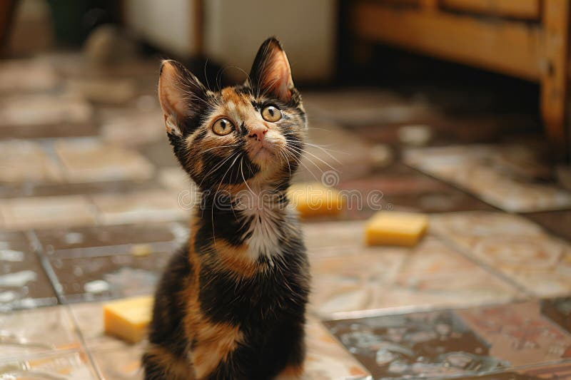 Calico Cat, Ink on Tile Kitchen Floor, High Quality, High Resolution ...
