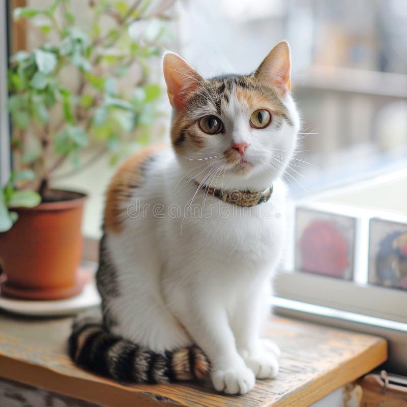Calico Cat Perched on a Sunny Window Ledge. AI Generated Stock ...