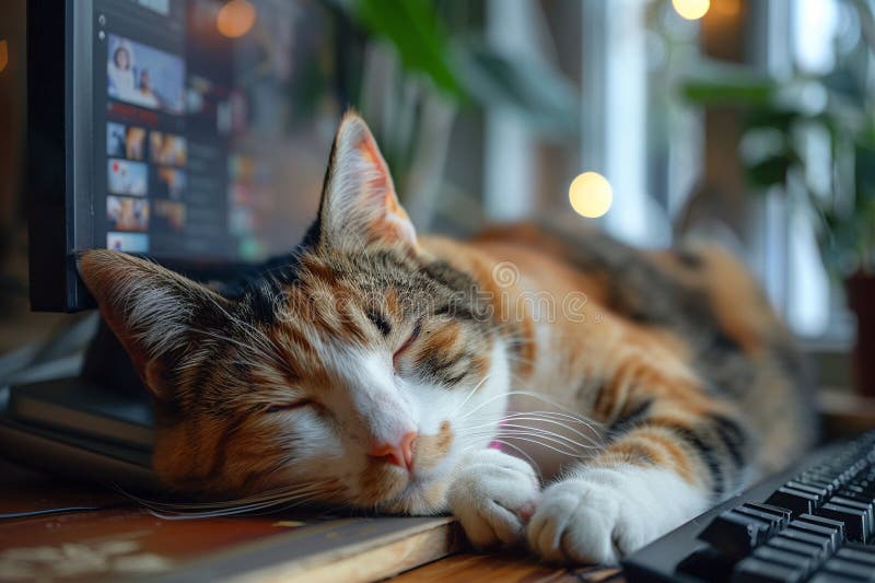 Calico Cat with a Pink Collar, Napping beside a Desktop Computer with ...