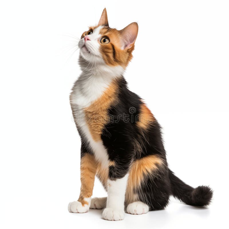 Calico Cat Sitting and Looking Up Isolated on White Background Stock ...