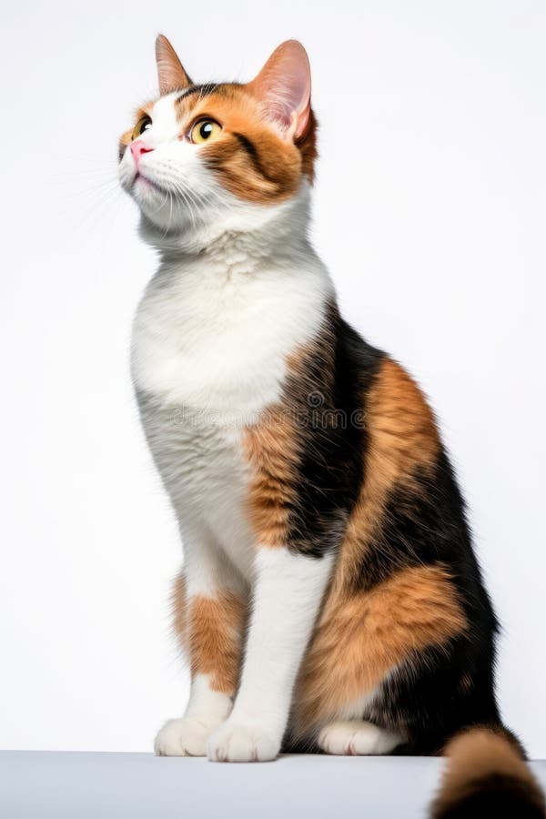 A Calico Cat Sitting on a White Surface Looking Up Stock Illustration ...