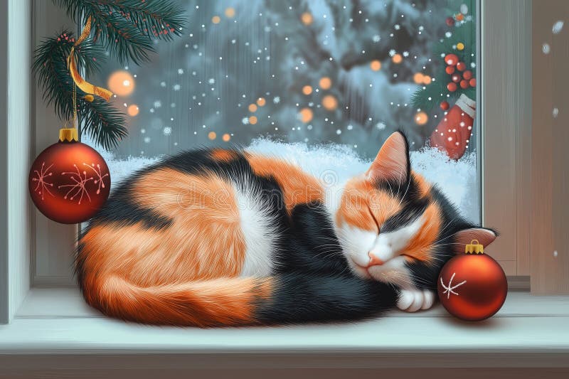 Calico Cat Sleeping on Windowsill during Christmas Snowfall Stock ...