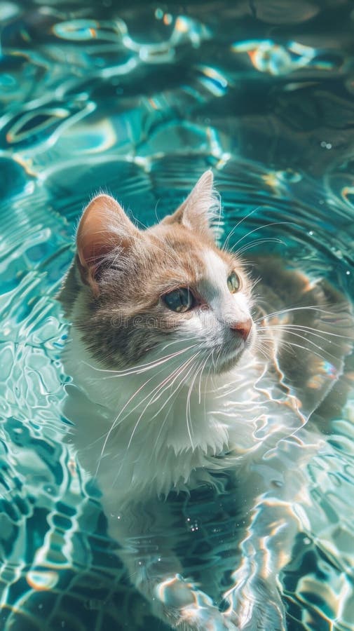 Calico Cat Swimming in Sunlit Pool with Rippling Water Patterns Stock ...