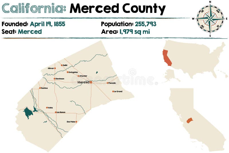 Map of Merced County in California, USA Stock Vector - Illustration of ...