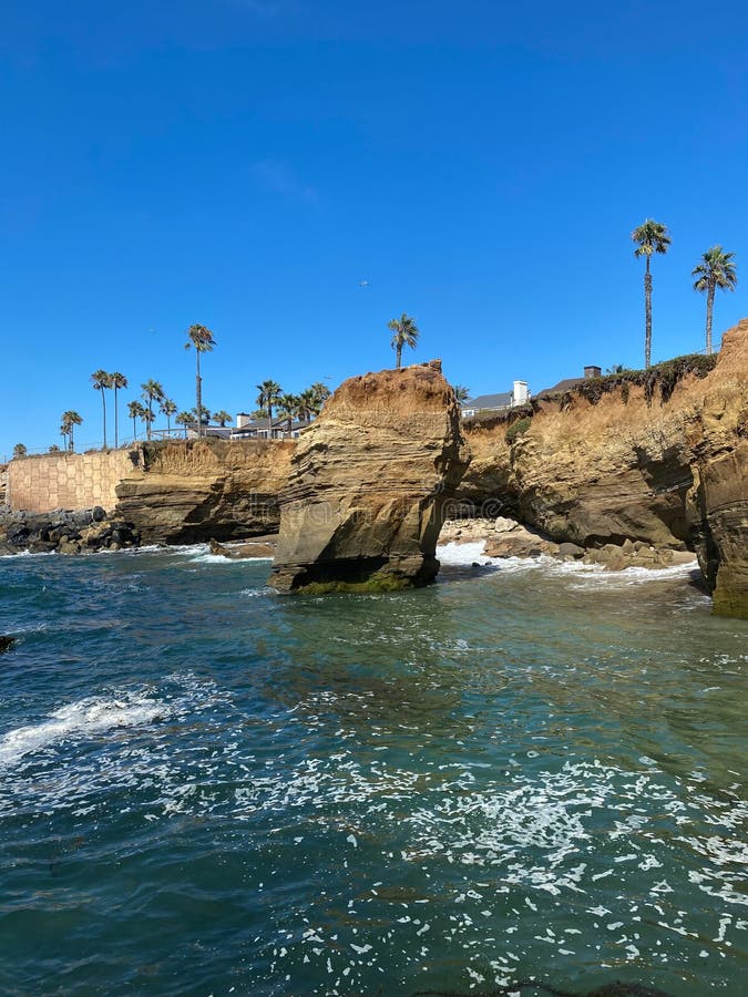 California Rock Cliffs with Palm Trees and Pacific Ocean Stock Photo ...