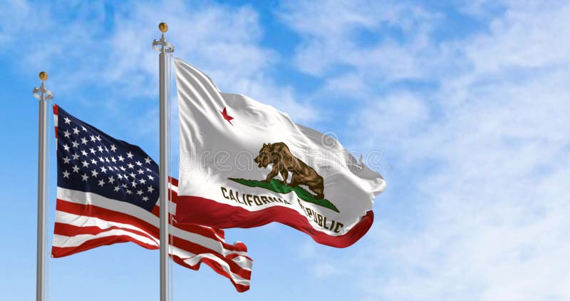 California and USA Flags Waving on a Clear Day Stock Illustration ...