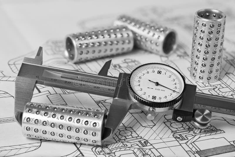 Caliper. Linear Ball Bearings. Plan. Measuring of Metal Rollers ...