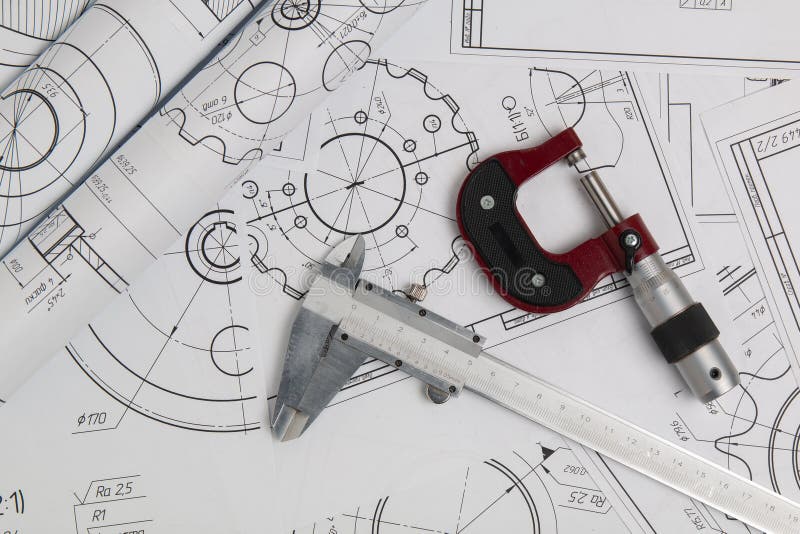 Caliper And Micrometer On Technical Drawings Stock Image - Image of ...