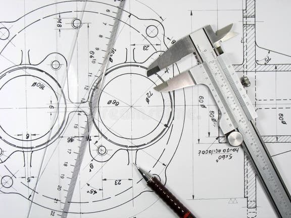 Caliper, Ruler and Pencil on Technical Drawings. Stock Image - Image of ...