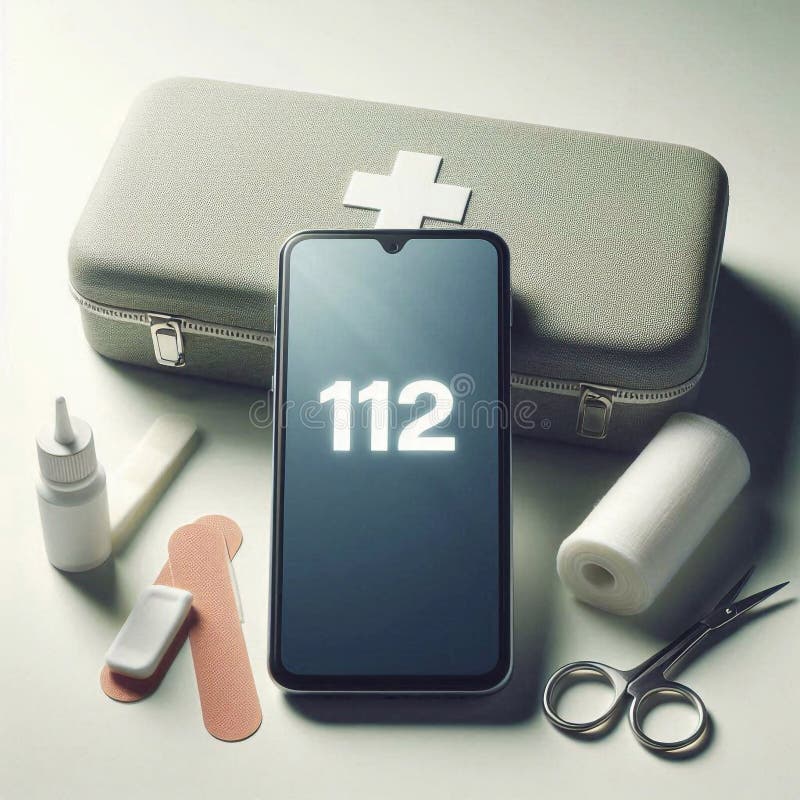 Call an Ambulance Number Shown on Mobile Device with Scissors, Bandages ...