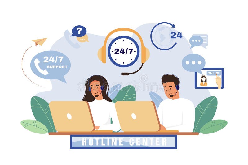 Call Center Agent with Headset Working on Support Hotline Stock Vector ...