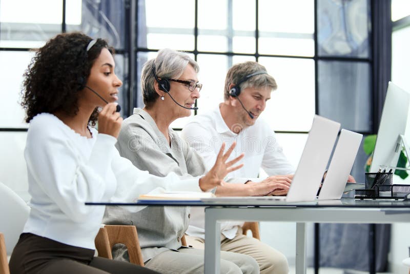 Call Center Agent with Headset Working on Support Hotline Stock Image ...