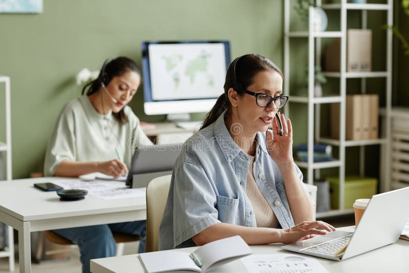 Call Center Agent with Headset Working on Support Hotline Stock Image ...