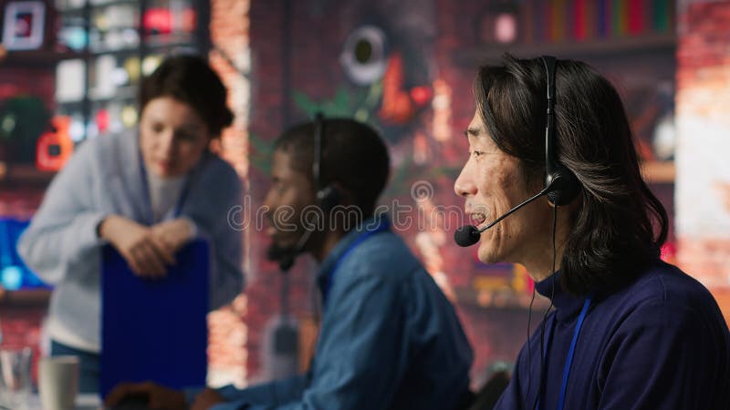 Call Center Agent Speaking in Audio Headset Microphone Stock Image ...