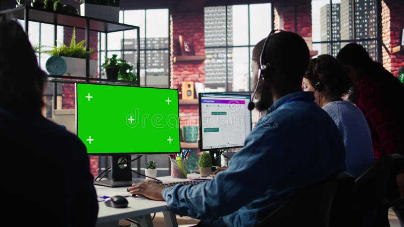 Call Center Agent Using Mockup Green Screen PC Stock Video - Video of ...