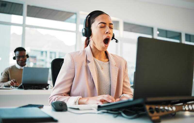 Call Center, Burnout and Tired Business Woman Yawn in Office Consulting ... Call Center, Burnout and Tired Business Woman Yawn in Office Consulting ...
