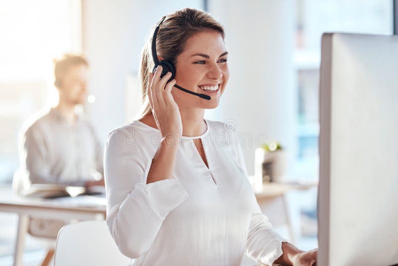 Call Center, Computer and Friendly with Woman in Office for Customer ...