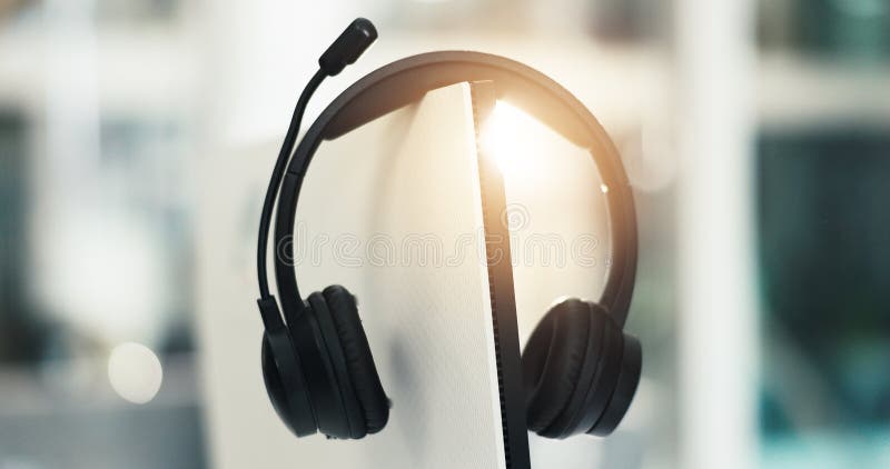 Call Center, Computer and Interior with Headset in Empty Office for Virtual Assistance, Crm and ...