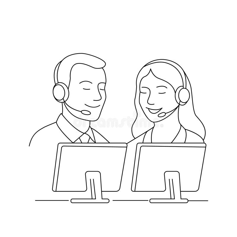 Call Center Customer Service Hotline Operators. Flat Vector Linear Illustration Isolated on ...