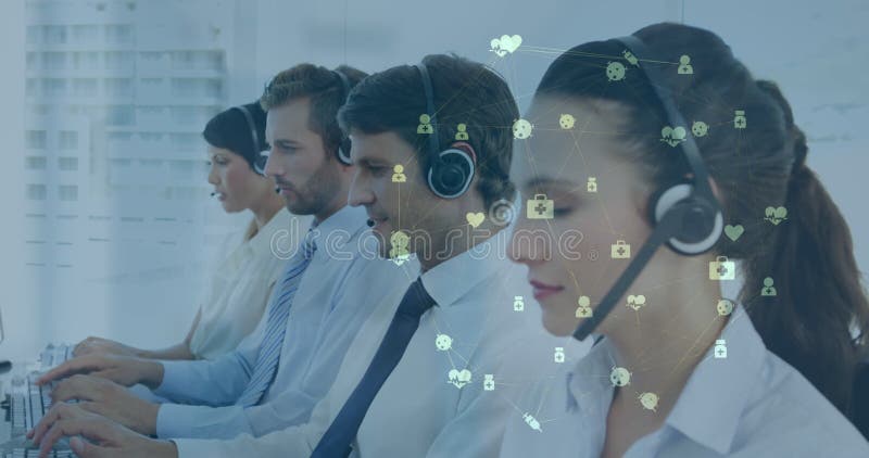 Call Center Employees Working in an Office with a Network of Connection ...