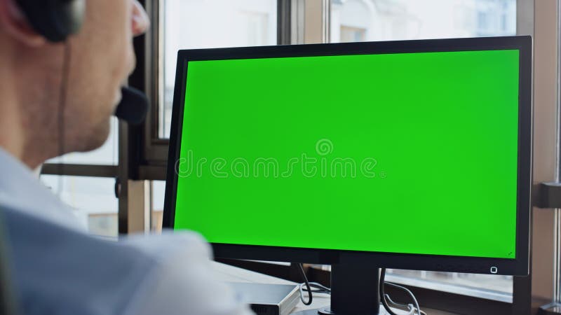 Call Center Green Computer Screen Closeup. Man Service Operator Talking ...