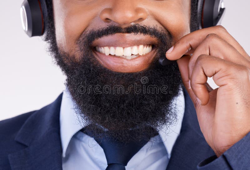 Call Center, Happy Black Man and Face with Microphone for Crm Questions ... Call Center, Happy Black Man and Face with Microphone for Crm Questions ...