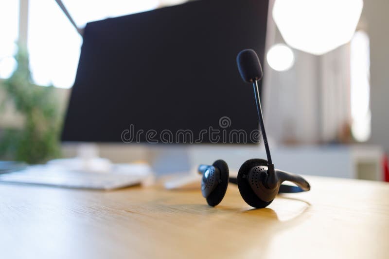 Call Center Headset Device and Computer at the Office Desk. Stock Image ...