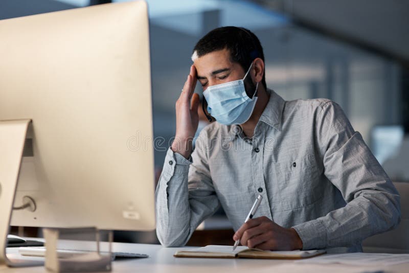 Call Center, Man and Headache with Face Mask at Computer for Stress ...
