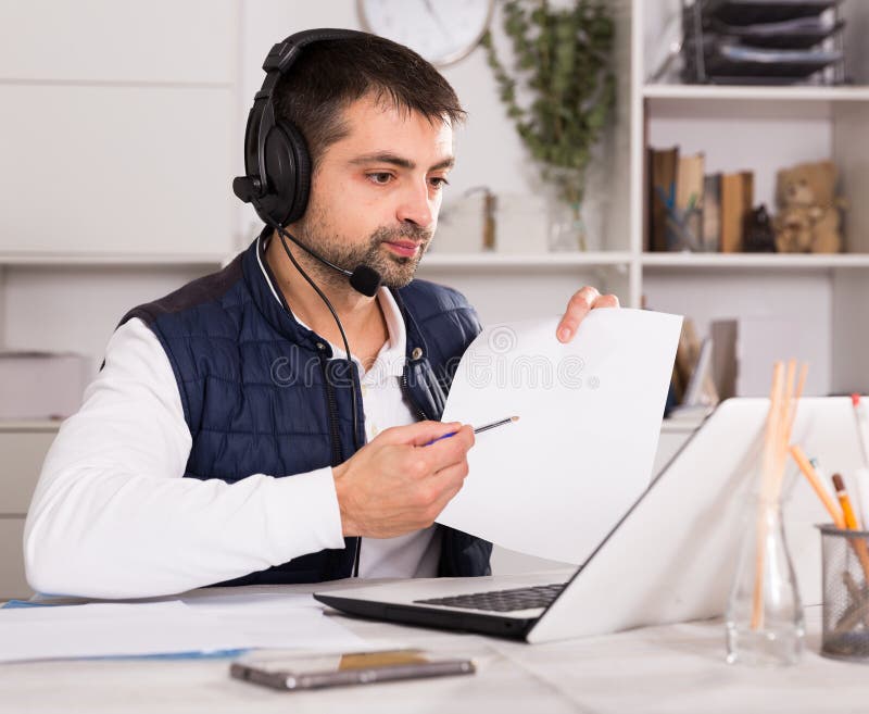 Call Center Man Operator with Headset Talking with Client Stock Photo ...