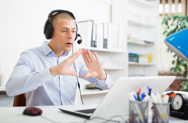 Call Center Man Operator with Headset Talking with Client Stock Photo ...