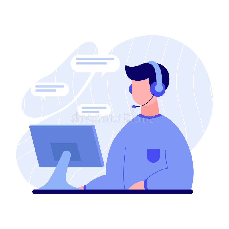 Call Center or Online Support Illustration, Man Using Computer and ...